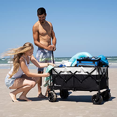 Moon Lence Collapsible Outdoor Utility Wagon Heavy Duty Folding Garden Portable Hand Cart with All-Terrain Beach Wagon ，Big Wheels, Adjustable Handle & Drink Holders