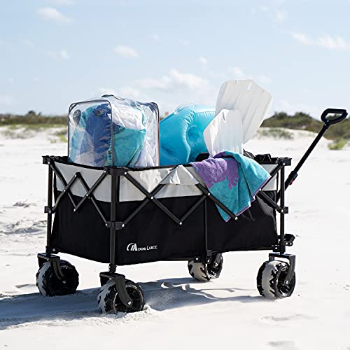 Moon Lence Collapsible Outdoor Utility Wagon Heavy Duty Folding Garden Portable Hand Cart with All-Terrain Beach Wagon ，Big Wheels, Adjustable Handle & Drink Holders