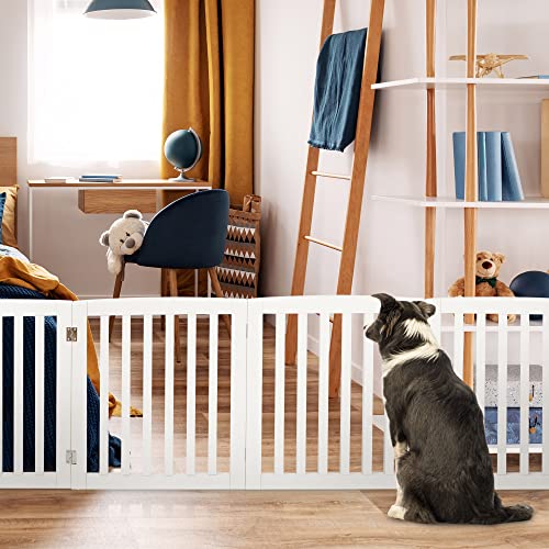 Epetlover Extra Wide Dog Gate 24 Inch High Freestanding Indoor Pet Door for House Doorways Stairs Halls, Foldable Wood Outdoor Safety Fence 4 Panels, White