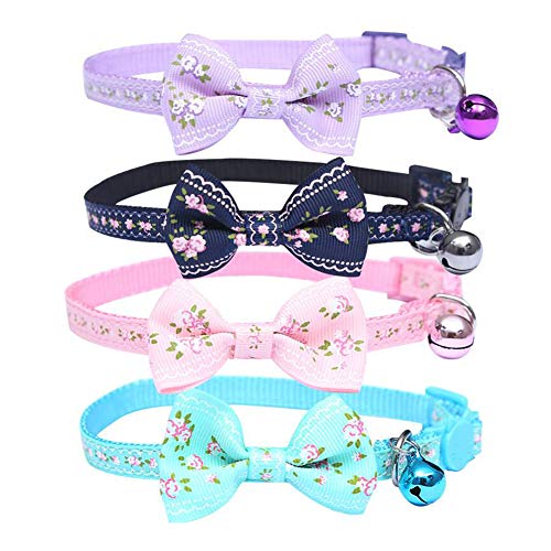 IDOLPET 4PCS Cat Collar Small Floral Cat Collar Safety Quick Release with Bell Cat Collar Adjustable Cat Collar with Bowtie for Cat Pup Kitty