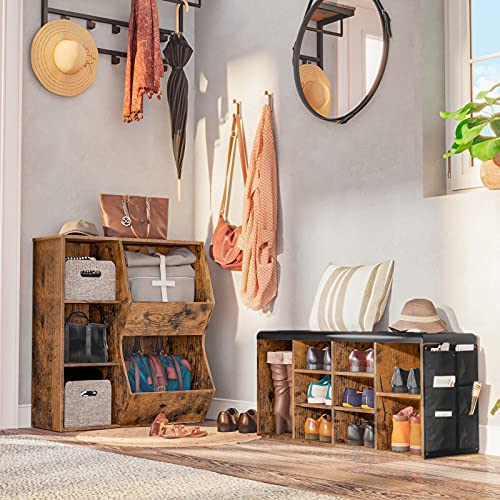 HOOBRO Kids Bookshelf, Toy Storage Organizer, Multi-Bin Storage Cubby, 2 Adjustable Shelves, Bookcase Footboard, Suitable for Children's Room, Playroom, Hallway, Rustic Brown BF31CW01