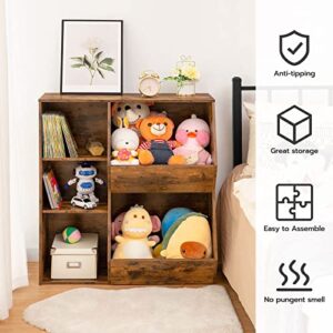 HOOBRO Kids Bookshelf, Toy Storage Organizer, Multi-Bin Storage Cubby, 2 Adjustable Shelves, Bookcase Footboard, Suitable for Children's Room, Playroom, Hallway, Rustic Brown BF31CW01