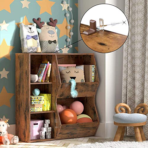 HOOBRO Kids Bookshelf, Toy Storage Organizer, Multi-Bin Storage Cubby, 2 Adjustable Shelves, Bookcase Footboard, Suitable for Children's Room, Playroom, Hallway, Rustic Brown BF31CW01