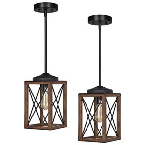 dewenwils 2 pack farmhouse pendant light, metal hanging light fixture with wooden grain finish, 48 inch adjustable pipes for flat and slop ceiling, kitchen island, bedroom, dining hall, etl listed