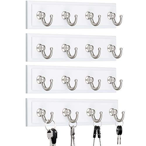 4 Pieces Key Rail 4-Hook Key Organizer Hook Rail Self-Adhesive Key Rack for Hanging Keys Towels (White)