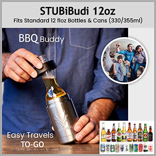 STUBiBudi Beer Can Cooler 12 oz Beer Bottle Insulator Beer Bottle Opener, 3 in 1 Universal Can Coozie Insulated Coozie for Cans and Bottles 4 in 1 Can Holder Beer Gifts Men Dad Birthday - Steel