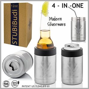 STUBiBudi Beer Can Cooler 12 oz Beer Bottle Insulator Beer Bottle Opener, 3 in 1 Universal Can Coozie Insulated Coozie for Cans and Bottles 4 in 1 Can Holder Beer Gifts Men Dad Birthday - Steel