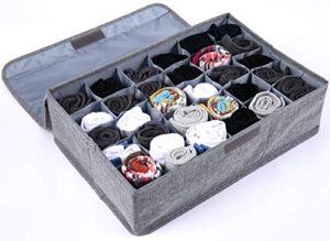 socks organizer with lid, 30 cell underwear drawer organizer foldable closet storage box for ties, lingeries, socks - gray