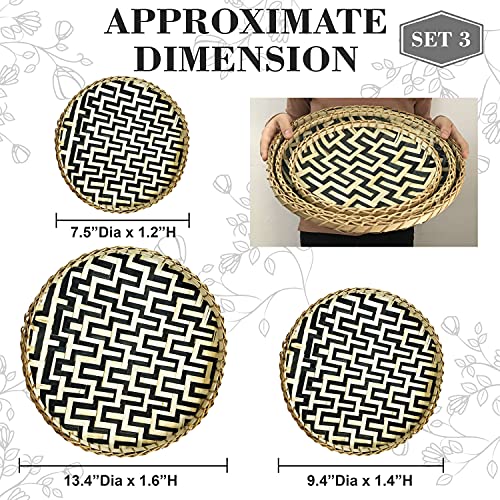 Bamboo Woven Wall Baskets Decor Boho Flat Set 3 Shallow Basket for Organizing Kitchen Wicker Tray for Coffee Table Trays Decorative Plates for Wall Hanging Farmhouse Wicker Serving Tray