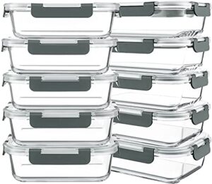 komuee 10 packs 30 oz glass meal prep containers,glass food storage containers with lids,airtight glass lunch bento boxes,bpa free,microwave, oven, freezer and dishwasher,gray