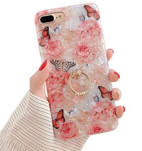 qokey for iphone 8 plus case,iphone 7 plus case 5.5 inch flower cute stand cover for women girls 360 degree rotating ring stand kickstand soft tpu shockproof rose butterfly