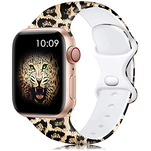 Lerobo Cheetah Band Compatible for Apple Watch Bands 40mm 38mm 41mm iWatch Bands SE Series 8 Series 7 6 5 4 3 2 1 Band for Women Men,Silicone Fadeless Pattern Printed Replacement Bands Leopard,S/M