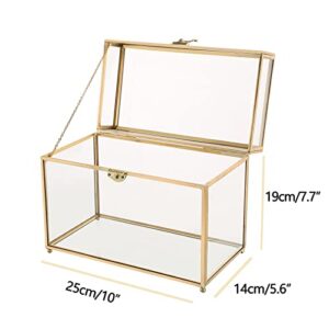 NATGAI Glass Card Box Large Geometric Terrarium Gold Handmade Brass Vintage Rectangle Shape with Foot (10 x 5.6 x 7.7 inches)