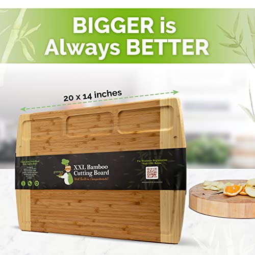 Greener Chef Organic Bamboo Cutting Board for Kitchen with Built-In Compartments and Juice Groove - Wooden Chopping Board for Meat, Cheese Charcuterie Board with Handles, (XXL, 20 x 14 Inch)