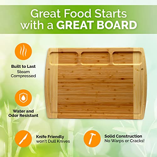 Greener Chef Organic Bamboo Cutting Board for Kitchen with Built-In Compartments and Juice Groove - Wooden Chopping Board for Meat, Cheese Charcuterie Board with Handles, (XXL, 20 x 14 Inch)