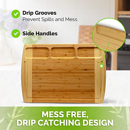 Greener Chef Organic Bamboo Cutting Board for Kitchen with Built-In Compartments and Juice Groove - Wooden Chopping Board for Meat, Cheese Charcuterie Board with Handles, (XXL, 20 x 14 Inch)