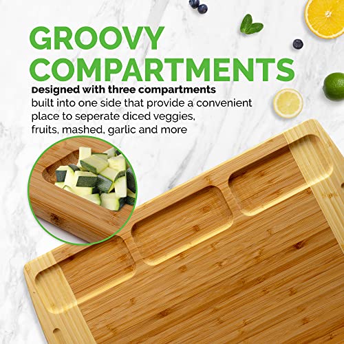 Greener Chef Organic Bamboo Cutting Board for Kitchen with Built-In Compartments and Juice Groove - Wooden Chopping Board for Meat, Cheese Charcuterie Board with Handles, (XXL, 20 x 14 Inch)