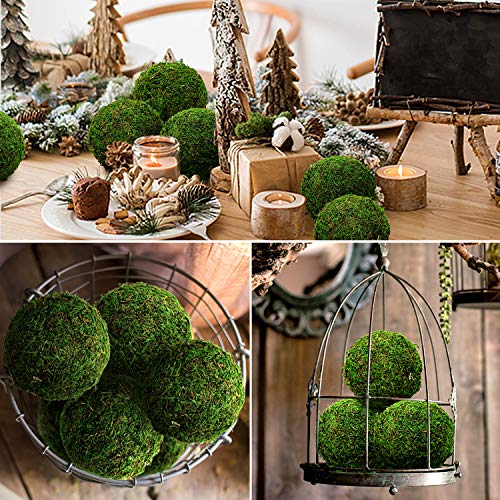 Natural Green Moss Decorative Ball 3.5" Set of 6, Hanging Balls with Handmade, Hanging Balls Vase Bowl Filler, Christmas Tree Garden Weddings Home Party Decor