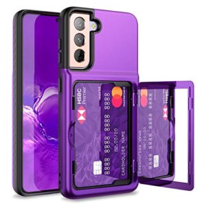 welovecase for samsung galaxy s21 wallet case with credit card holder & hidden mirror, defender protective shockproof heavy duty protection phone cover for samsung galaxy s21 5g, 6.2 inch purple