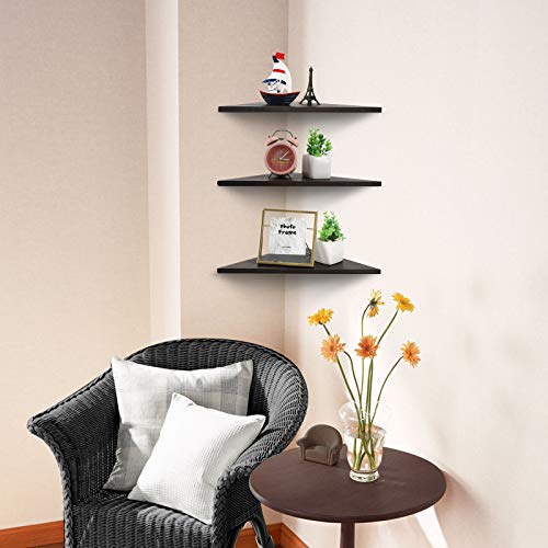 NOZE Floating Corner Shelf Wall Mounted Set of 3, Solid Wood Organizer Displays Storage Rack Home Decor for Living Room, Bedroom, Bathroom, Kitchen