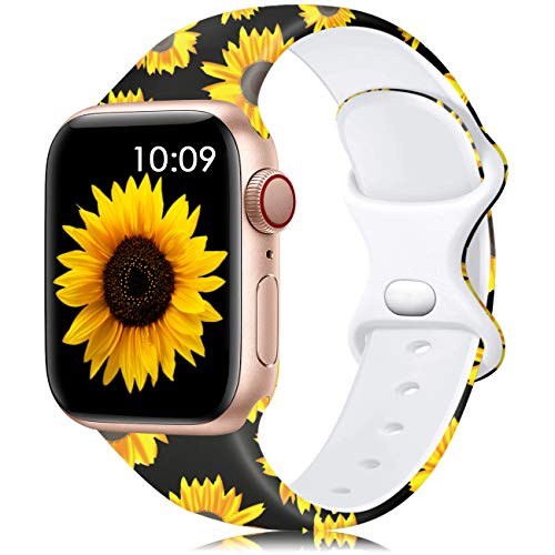 Lerobo Compatible with Apple Watch Bands 41mm 40mm 38mm Women Girls Fancy Cute Floral Silicone Printed Fadeless Pattern Replacement Sport Bands for iWatch SE Series 8 7 6 5 4 3 2 1,Black Sunflower S/M