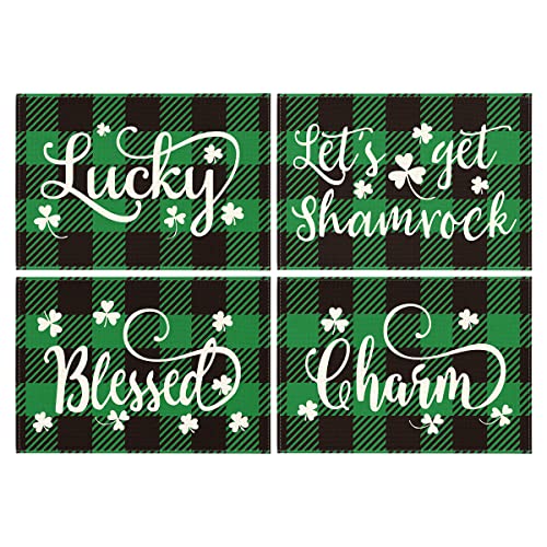 Artoid Mode Buffalo Plaid St. Patrick's Day Quotes Placemat for Dining Table, 12 x 18 Inch Lucky Clover Shamrock Blessed Holiday Rustic Washable Table Mat Set of 4