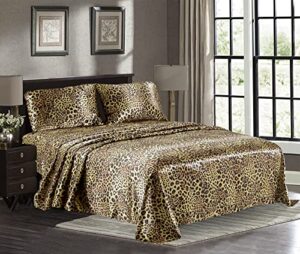 satin sheets twin [3-piece, gold leopard] hotel luxury silky bed sheets - extra soft 1800 microfiber sheet set, wrinkle, fade, stain resistant - deep pocket fitted sheet, flat sheet, pillow cases