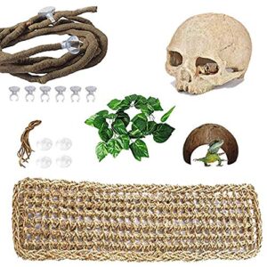 pinvnby bearded dragon tank accessories,reptiles resin human skull habitat decor,lizard hammock coconut shell hut hideouts cave jungle climber vines leaves decorations for chameleon snake spider gecko