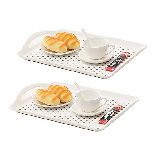 2Pcs Rectangle Anti-Slip Food Serving Tray with Handles, Non Skid Multipurpose Tray for Breakfast Food Drink Trays (White)