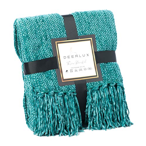 Decorative Cozy Chenille Throw Blanket with Fringe, Turquoise