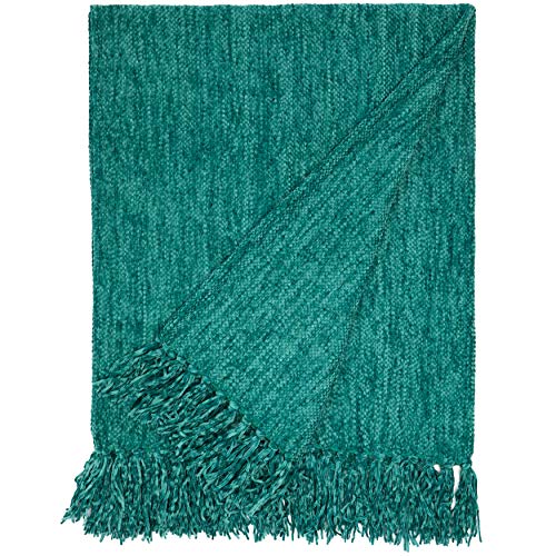 Decorative Cozy Chenille Throw Blanket with Fringe, Turquoise