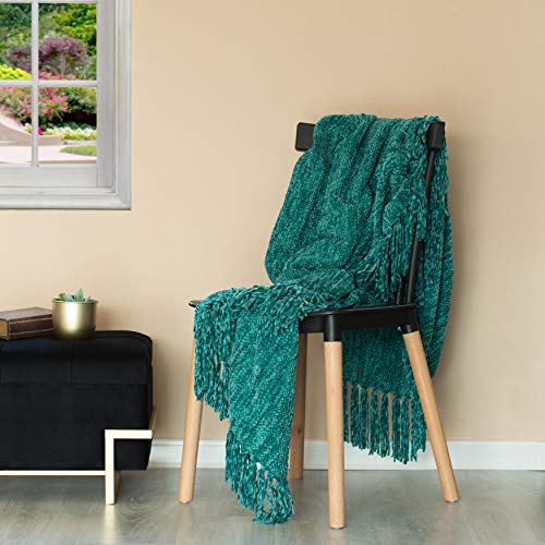 Decorative Cozy Chenille Throw Blanket with Fringe, Turquoise