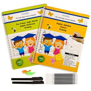 premium edition 21.5x27.5 cm elitekids large magic practice copybook for kids alphabet + sight words 2-set, kindergarten magical handwriting workbooks, tracing letters for kids ages 3-5 copy book.