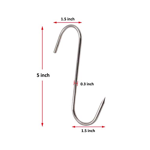 S Hooks for Hanging Meat, 20PS 5" Stainless Steel Sharp Prong S-Hooks Heavy Duty S Shaped Butcher Processing Hanger for BBQ Pork Sausage Bacon Hams Chicken Duck Turkey Poultry Smoker Curing Roast