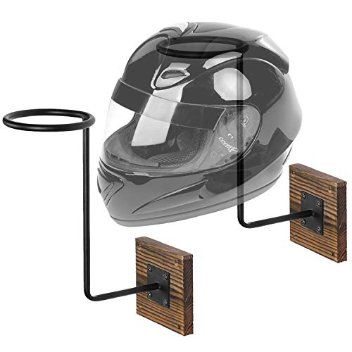 MyGift Set of 2 Wall Mounted Helmet Rack, Black Metal and Rustic Burnt Wood Base Motorcycle, Bicycle, Skateboard Helmet Display Holder and Jacket/Coat Hanger