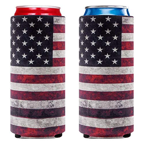 ROLEES Slim Can Sleeves - Neoprene Bottle Insulator Sleeve Set of 2 Can Beverage Coolers for 12oz Energy Drink & Beer Cans Like White Claw, Red Bull, Michelob Ultra (Retro American flag)