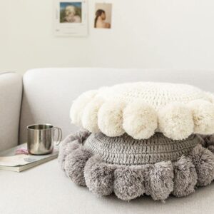 Adory Sweety Knitted Throw Pillow Round Couch Pillow Sofa Cute Cushion Handmade Pompoms Decorative Plush Pillow (Beige, Diameter 18inches)