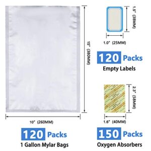 Mylar Bags 120 Packs 1 Gallon Heat Sealable 15''x10'' with 150 Packs 200cc Oxygen Absorbers Packets for Grains Dehydrated Vegetables Meat Food Storage, Food Grade, Vacuum Seal