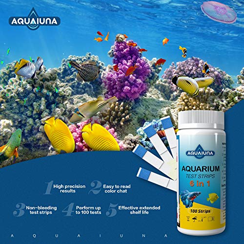 AQUALUNA Aquarium Test Strips 6 in 1 for Freshwater and Saltwater- Fish Tank Test Kit Monitoring Level of pH, Nitrate, Nitrite, General Hardness, Free Chlorine and Carbonate-100 Counts