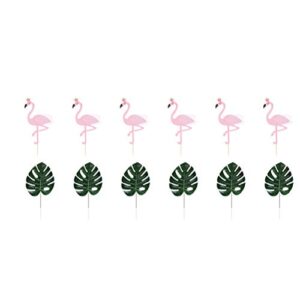 amosfun hawaiian theme cake toppers flamingo cake picks monstera cake decoration party dessert insert favor (monstera and flamingo) for party cake decortion