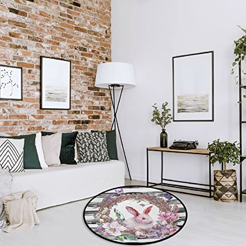 Vdsrup Spring Easter Holiday Doormat Easter Bunny Rabbit Butterfly Floral Round Floor Mat Non Slip Carpet Yoga Mat Rugs for Entryway Living Room Bedroom Home Decor 3'