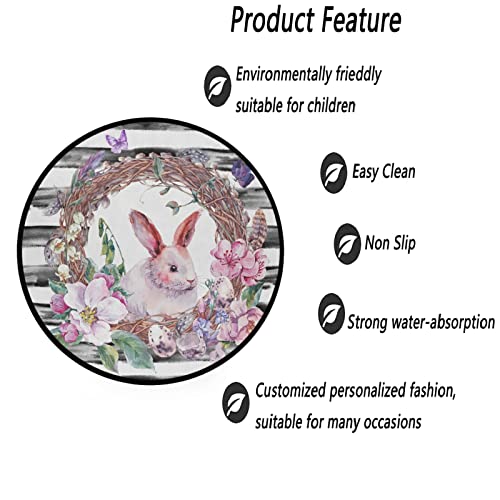 Vdsrup Spring Easter Holiday Doormat Easter Bunny Rabbit Butterfly Floral Round Floor Mat Non Slip Carpet Yoga Mat Rugs for Entryway Living Room Bedroom Home Decor 3'