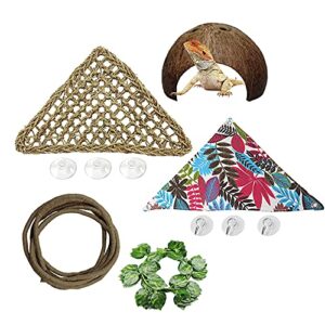 tfwadmx lizard lounger bearded dragon hammock accessories coconut shell hut jungle bendable vines leaves tank decor for chameleon gecko snakes (5 pcs