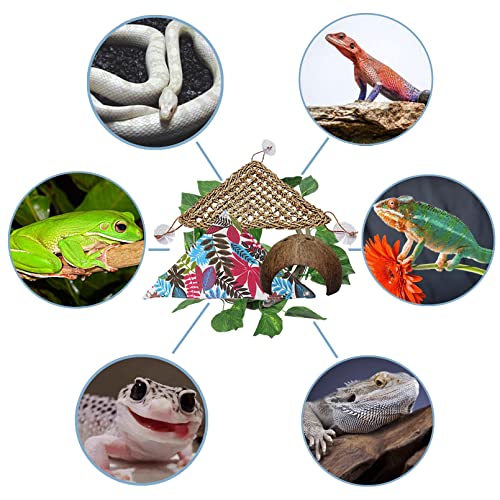 Tfwadmx Lizard Lounger Bearded Dragon Hammock Accessories Coconut Shell Hut Jungle Bendable Vines Leaves Tank Decor for Chameleon Gecko Snakes (5 Pcs