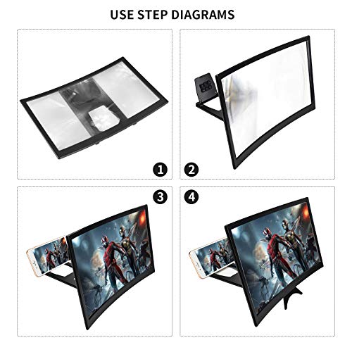 CameCosy 14" Phone Screen Magnifier, 3D HD Movie Screen Magnifying with Curved Surface Design Movies Videos Amplifier Foldable Mobile Phone Stand Screen Amplifier for All Smartphones,Black