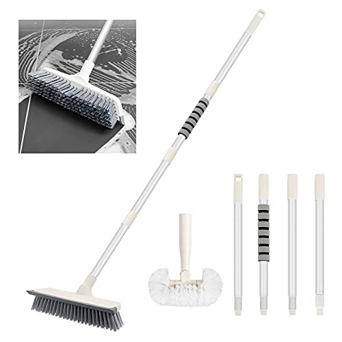 Abealv Floor Scrub Brush with 55 inches Metal Adjustable Long Handle Stiff Brush 2 in 1 Scrape and Brush Window Squeegee Cleaning Brush Scrubber for Bathroom Tub and Tile, Patio, Kitchen, Wall