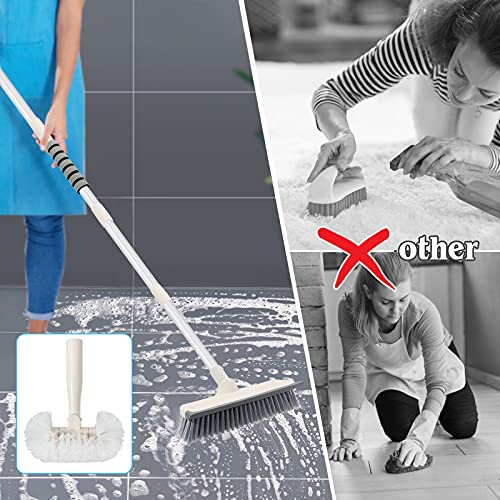 Abealv Floor Scrub Brush with 55 inches Metal Adjustable Long Handle Stiff Brush 2 in 1 Scrape and Brush Window Squeegee Cleaning Brush Scrubber for Bathroom Tub and Tile, Patio, Kitchen, Wall