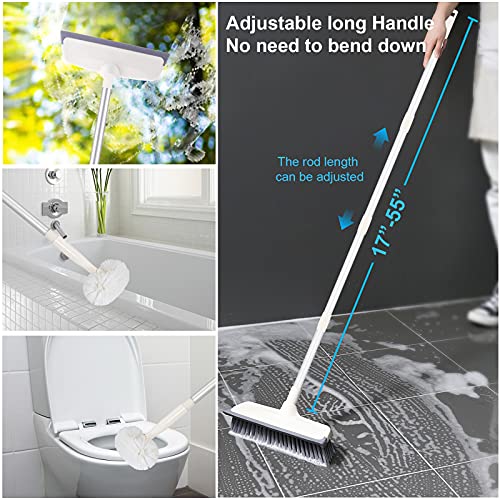 Abealv Floor Scrub Brush with 55 inches Metal Adjustable Long Handle Stiff Brush 2 in 1 Scrape and Brush Window Squeegee Cleaning Brush Scrubber for Bathroom Tub and Tile, Patio, Kitchen, Wall