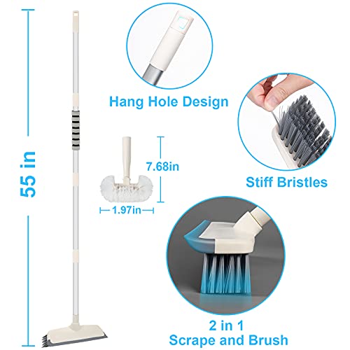 Abealv Floor Scrub Brush with 55 inches Metal Adjustable Long Handle Stiff Brush 2 in 1 Scrape and Brush Window Squeegee Cleaning Brush Scrubber for Bathroom Tub and Tile, Patio, Kitchen, Wall