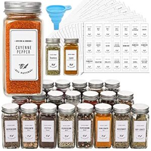 aozita 24 pcs glass spice jars with white printed spice labels - 4oz empty square spice bottles - shaker lids and airtight metal caps - silicone collapsible funnel